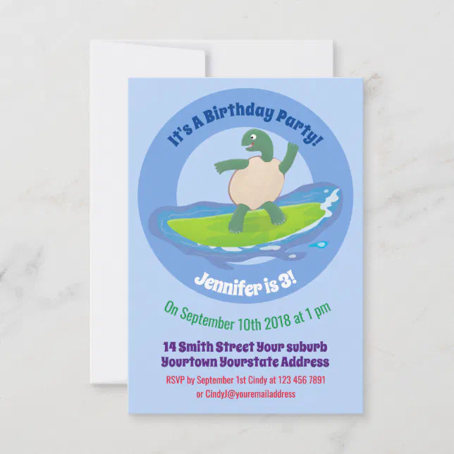 Funny tortoise wave surfing cartoon invitation | Zazzle