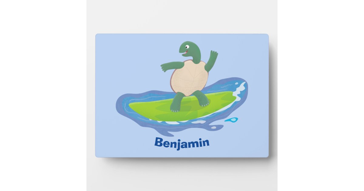 Funny tortoise wave surfing cartoon plaque | Zazzle