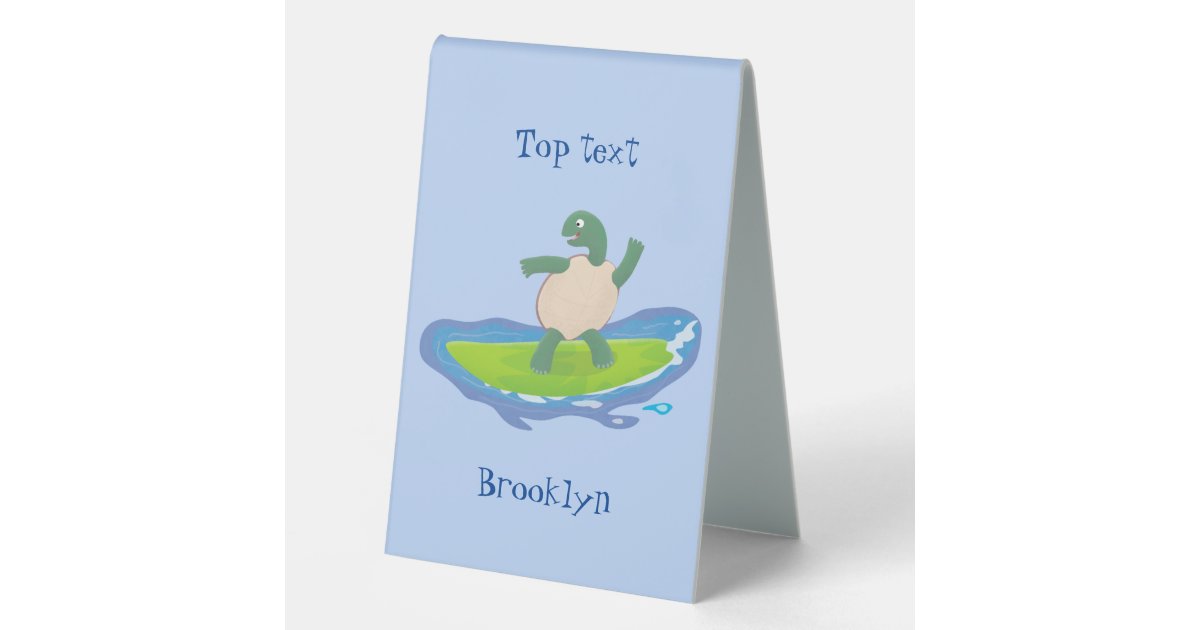 Funny tortoise wave surfing cartoon table tent | Zazzle