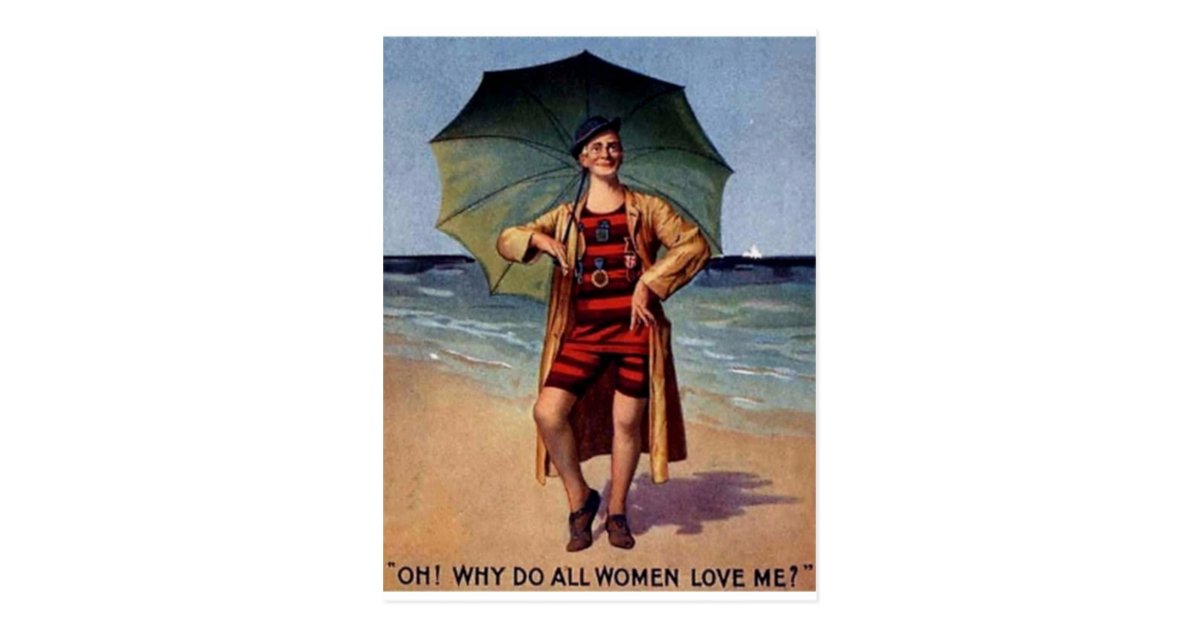 funny vintage man sea bathing suit umbrella poster postcard | Zazzle.com