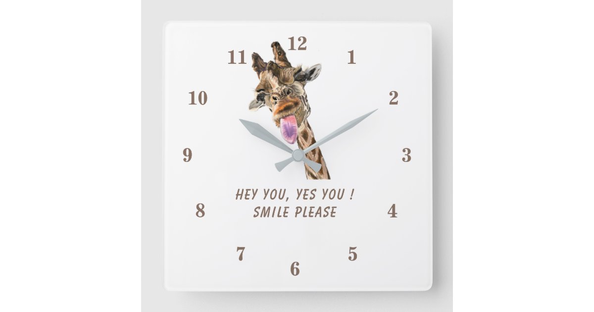Funny Wall Clock Playful Giraffe Smile - Your Text | Zazzle