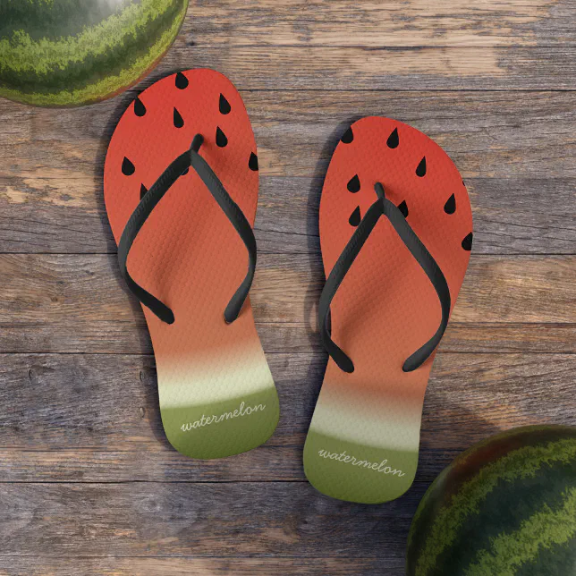 Funny Watermelon Slice Family Name Red Flip Flops | Zazzle