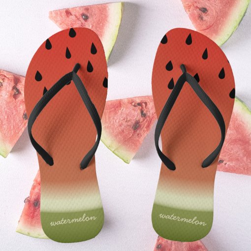 Funny Watermelon Slice Family Name Red Flip Flops | Zazzle