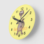Funny weasel cartoon illustration saying hello round clock | Zazzle