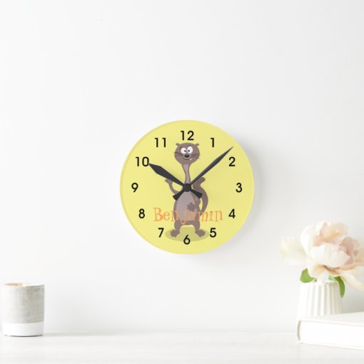 Funny weasel cartoon illustration saying hello round clock | Zazzle