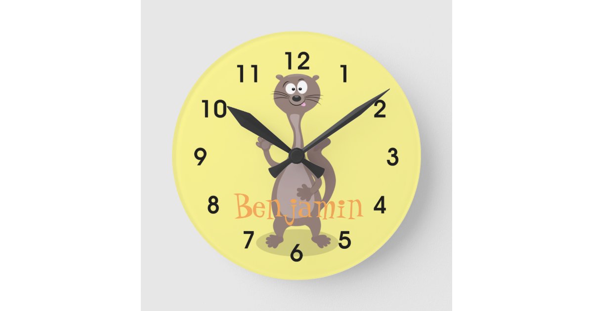 Funny weasel cartoon illustration saying hello round clock | Zazzle