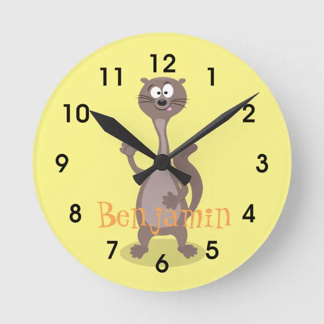 Funny weasel cartoon illustration saying hello round clock | Zazzle