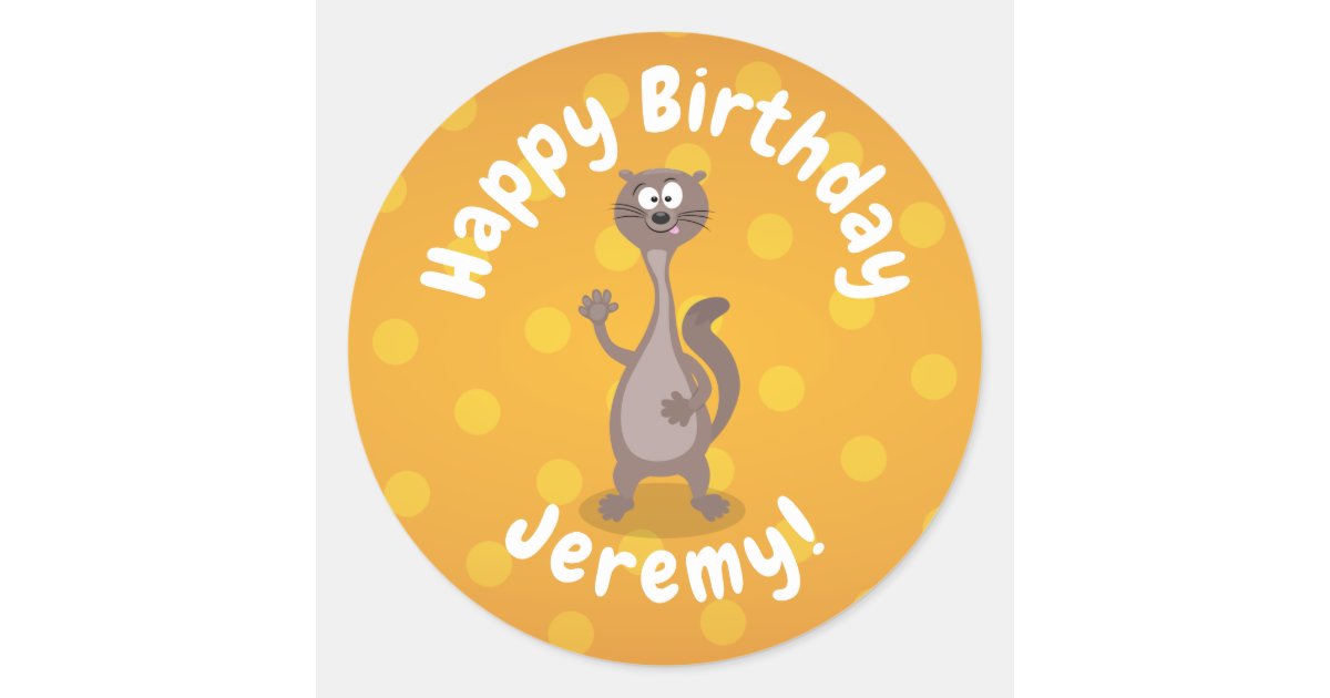Funny weasel waving cartoon illustration classic round sticker | Zazzle