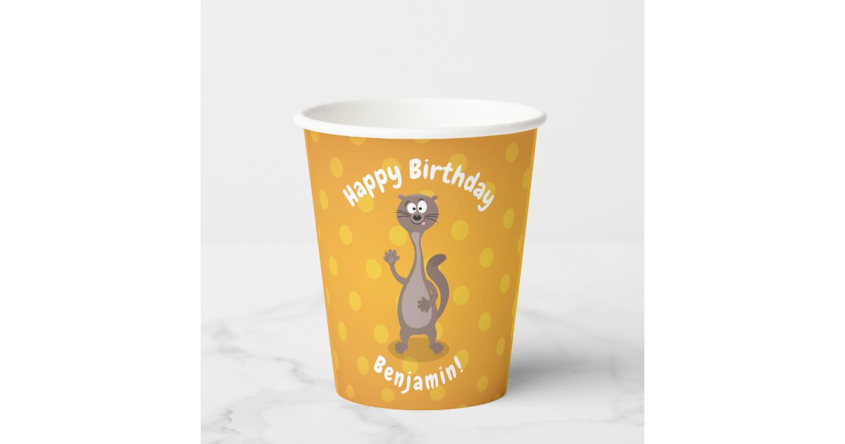 Funny weasel waving cartoon illustration paper cups | Zazzle