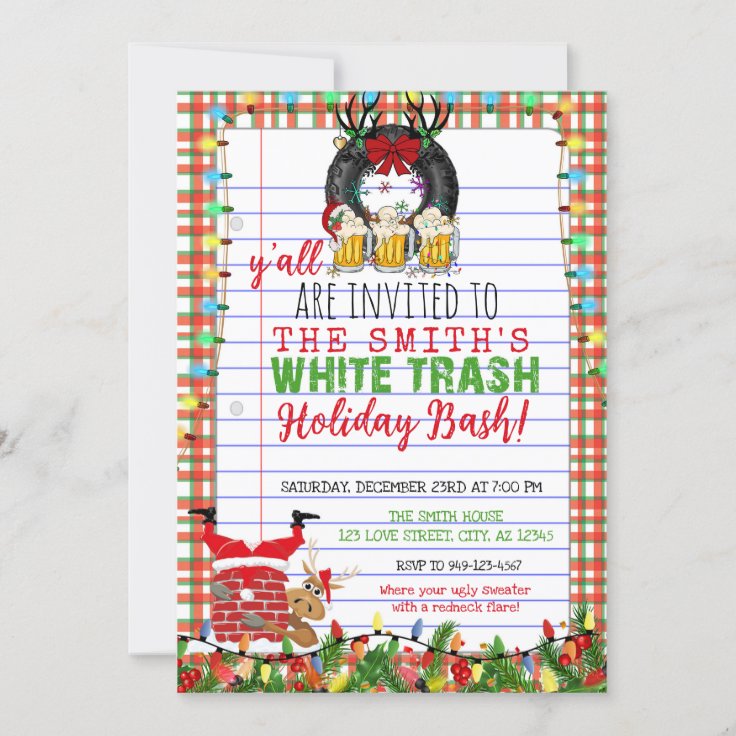 Funny White Trash Holiday Bash Christmas Party Invitation | Zazzle