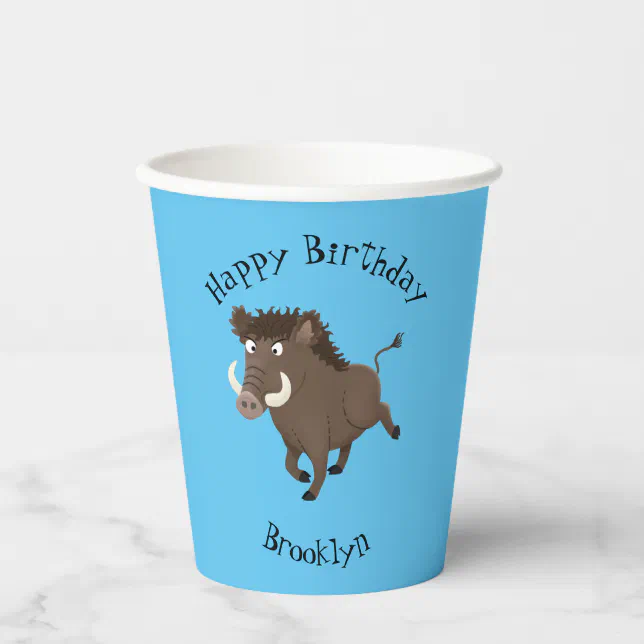 Funny wild boar razorback cartoon illustration paper cups | Zazzle