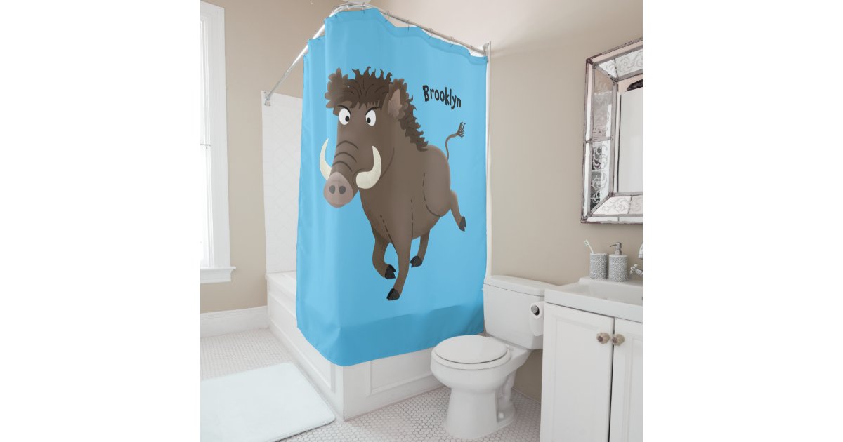 Funny wild boar razorback cartoon illustration shower curtain | Zazzle