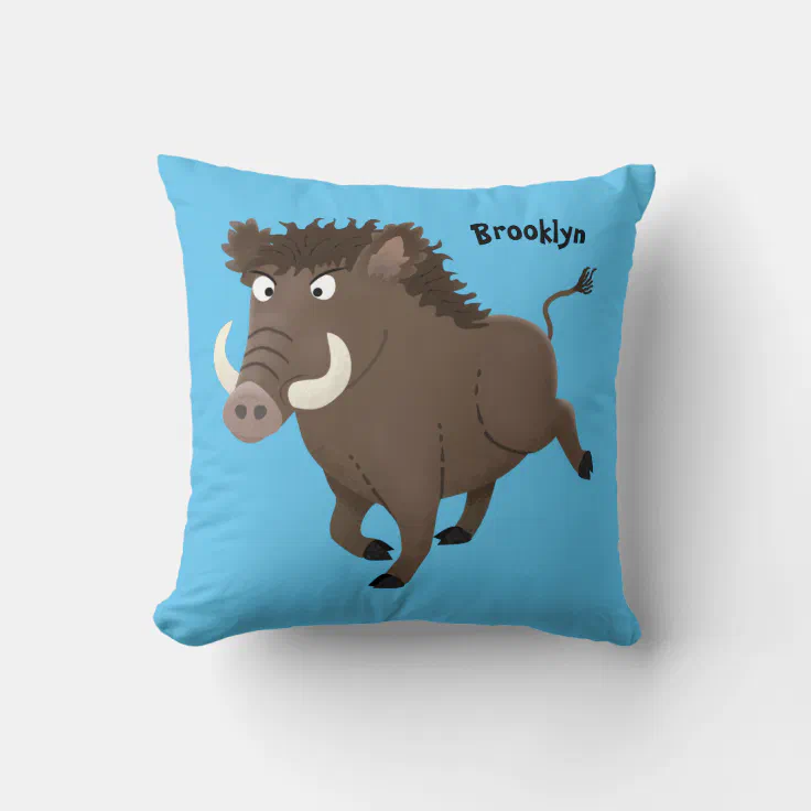 Funny wild boar razorback cartoon illustration throw pillow | Zazzle