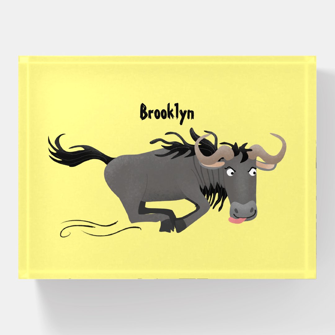 Funny wildebeest running cartoon illustration paperweight | Zazzle