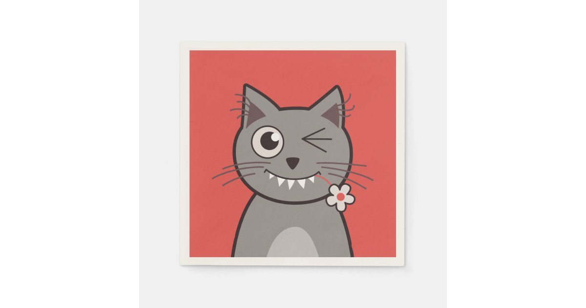 Funny Winking Cartoon Kitty Cat Napkins | Zazzle