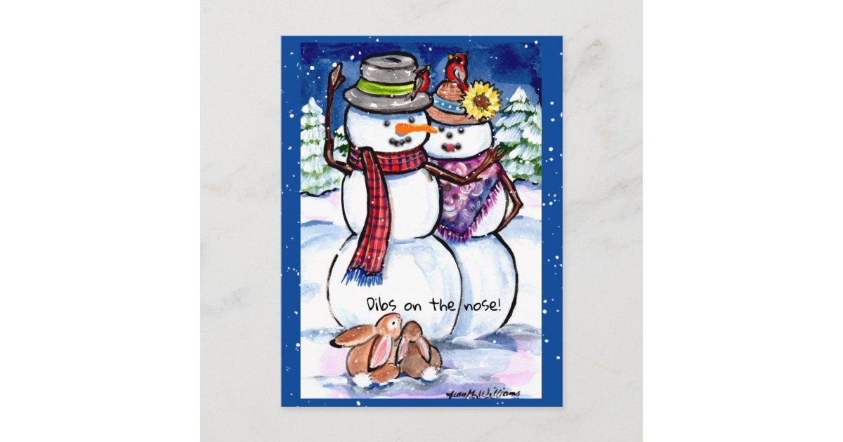 Funny Winter Christmas Snowman Rabbits Carrot Nose Postcard | Zazzle