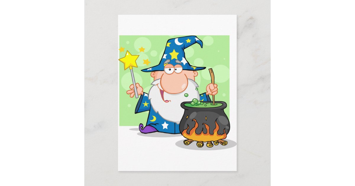 Funny Wizard Waving With Magic Wand And Preparing Postcard | Zazzle