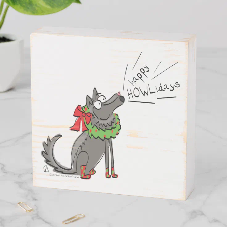 Funny Wolf Christmas Happy Howlidays Holiday Wooden Box Sign | Zazzle