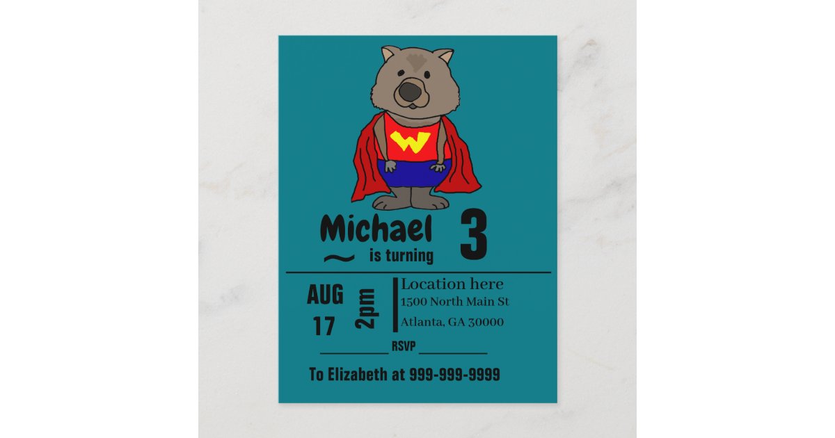 Funny Wombat Superhero Birthday Party Invitation Postcard | Zazzle