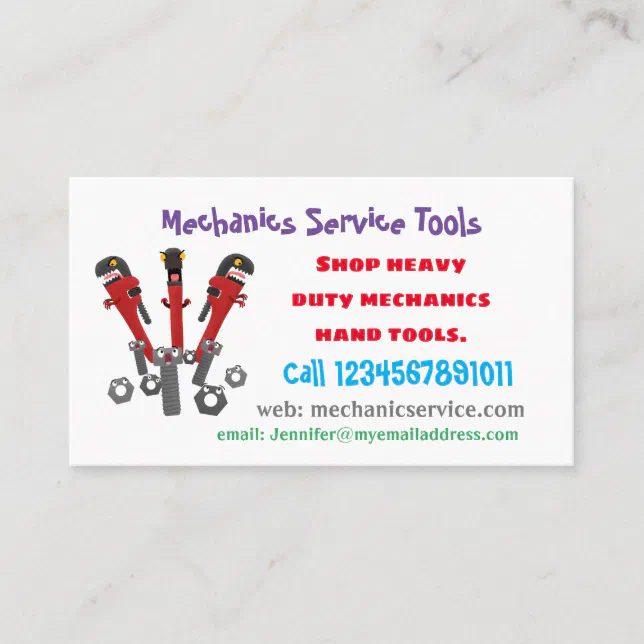 Funny wrench monster tools humour cartoon business card | Zazzle