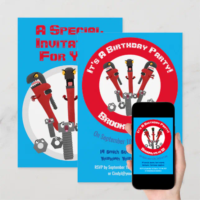 Funny wrench monster tools humour cartoon invitation | Zazzle