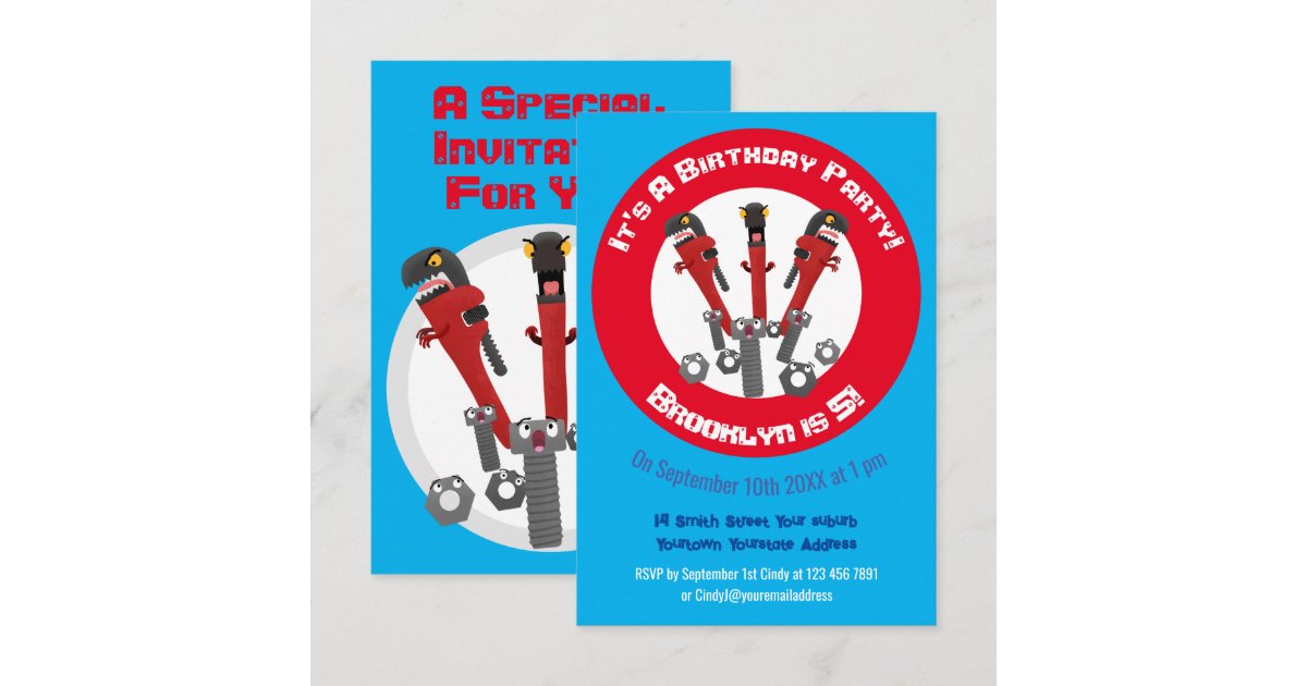 Funny wrench monster tools humour cartoon invitation | Zazzle