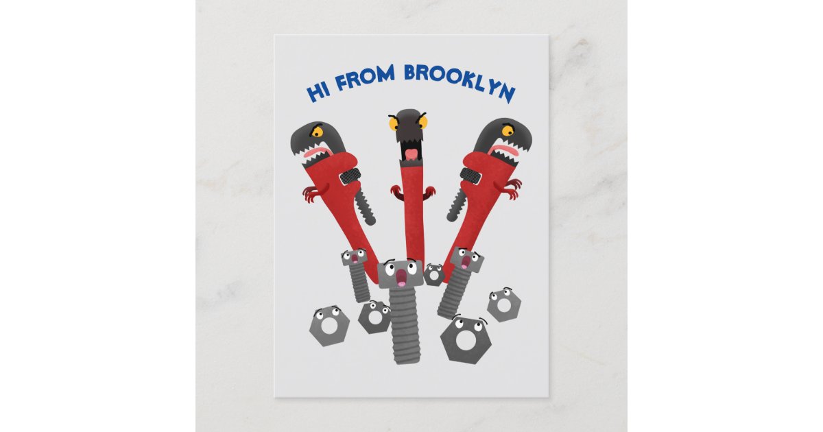 Funny wrench monster tools humour cartoon postcard | Zazzle