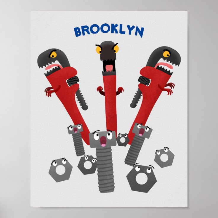 Funny wrench monster tools humour cartoon poster | Zazzle