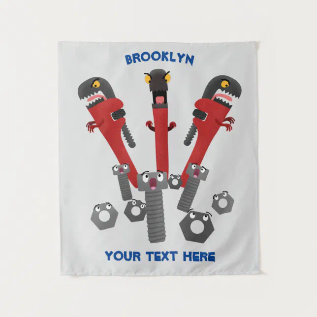 Funny wrench monster tools humour cartoon tapestry | Zazzle