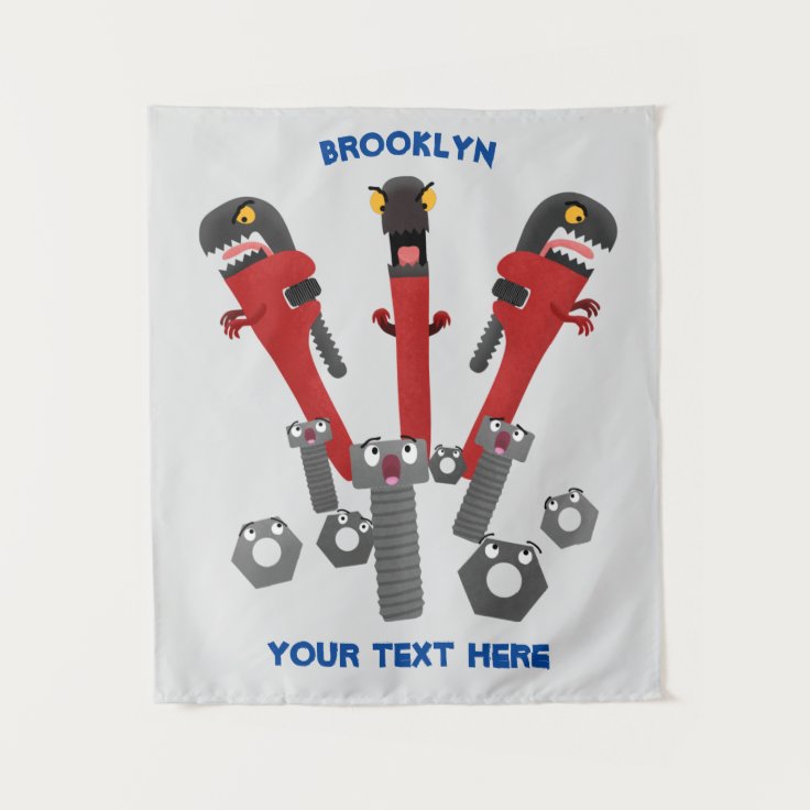 Funny wrench monster tools humour cartoon tapestry | Zazzle