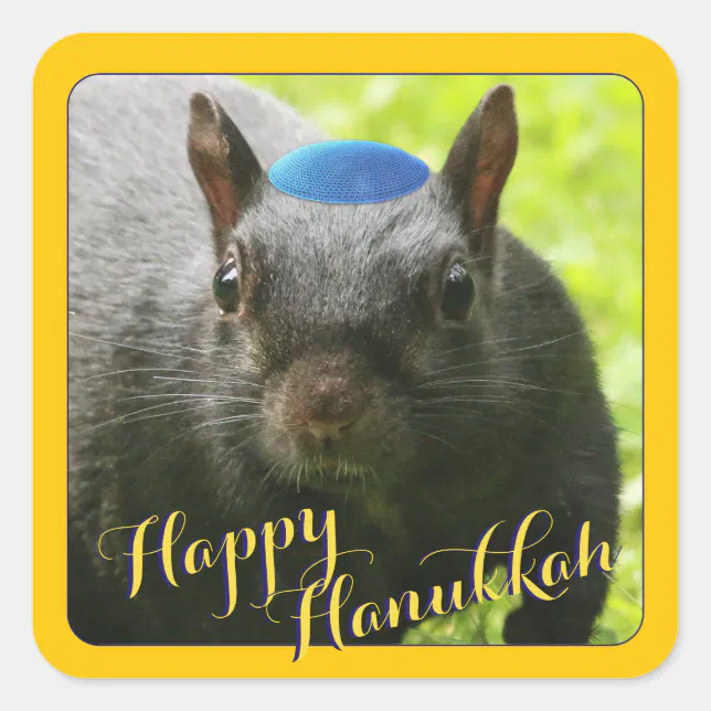 Funny Yarmulke-Wearing Squirrel • Happy Hanukkah Square Sticker | Zazzle