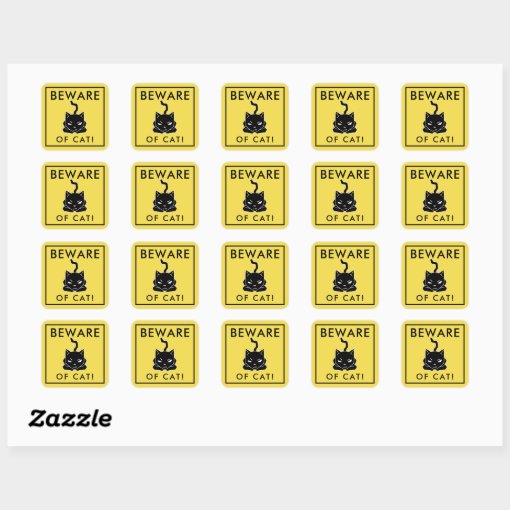 Funny Yellow Beware of Cat Sign Square Sticker | Zazzle