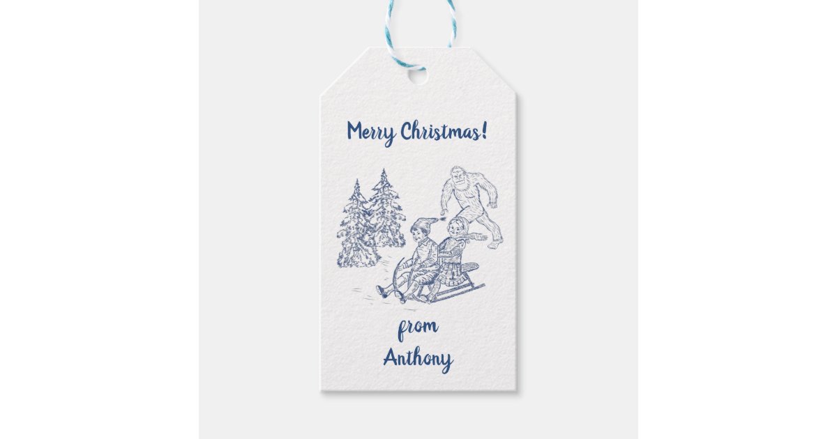 Funny Yeti Monsters Antique Winter Toile Pattern Gift Tags | Zazzle