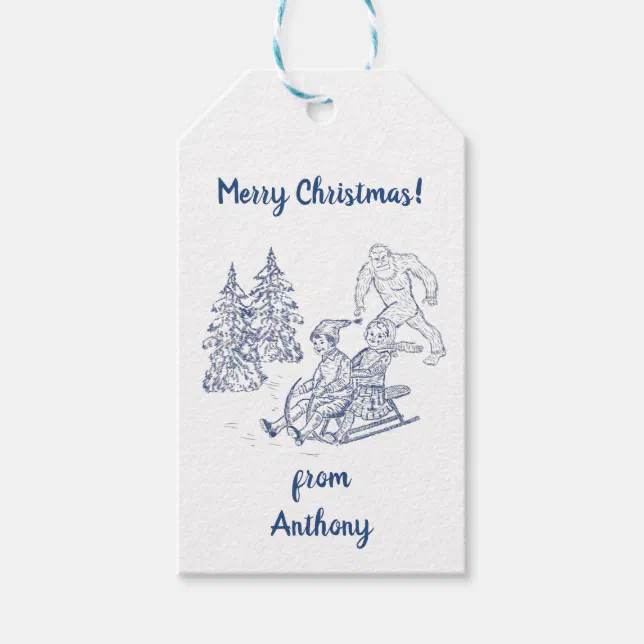 Funny Yeti Monsters Antique Winter Toile Pattern Gift Tags | Zazzle