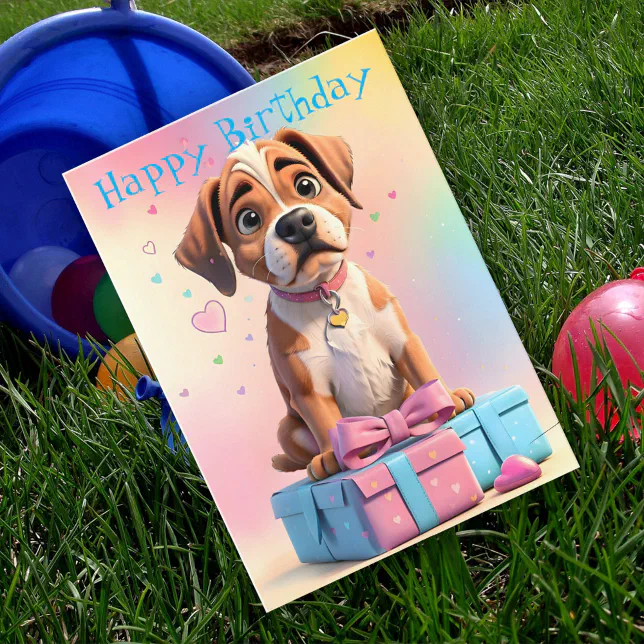 Furry Friends Boxer Puppy and Gifts Birthday Card | Zazzle