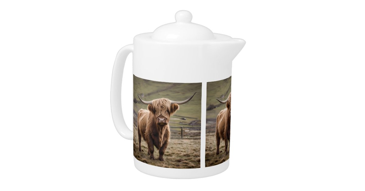 **"Furry Majesty: The Woolly Brown Highland Cow"** Teapot | Zazzle