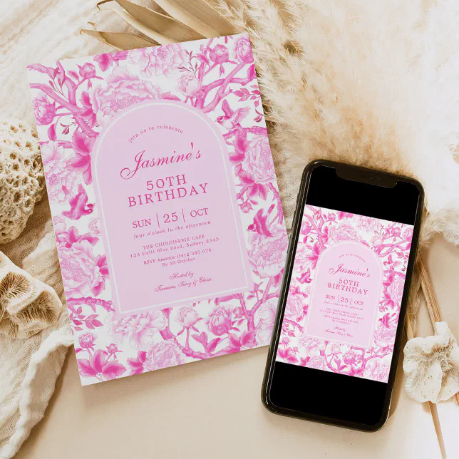 Fuschia Chinoiserie Floral Garden 50th Birthday Invitation | Zazzle