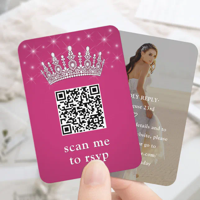 Fuschia Pink QR RSVP Quinceañera Crown & Photo Enclosure Card | Zazzle