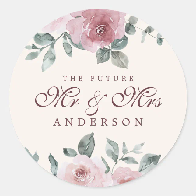 Future Mr Mrs Floral Dusty Pink Burgundy Ivory Classic Round Sticker ...