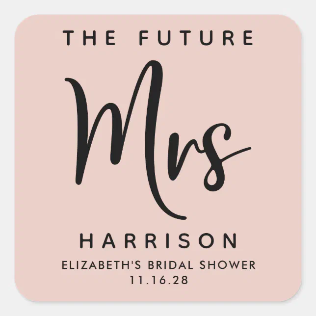 Future Mrs Personalized Blush Pink Bridal Shower Square Sticker | Zazzle