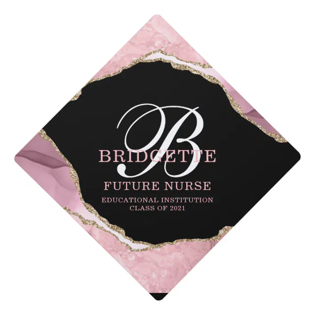 Future Nurse Blush Pink Gold Foil Monogram Marble Graduation Cap Topper ...