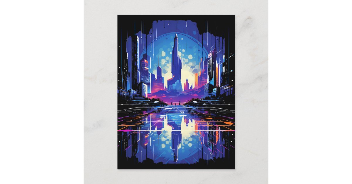Futuristic Cyberpunk City Skyline Announcement Postcard | Zazzle