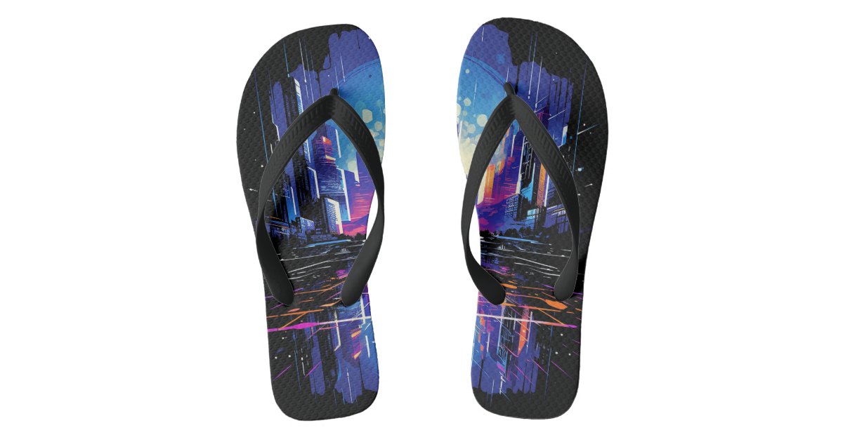 Futuristic Cyberpunk City Skyline Flip Flops | Zazzle