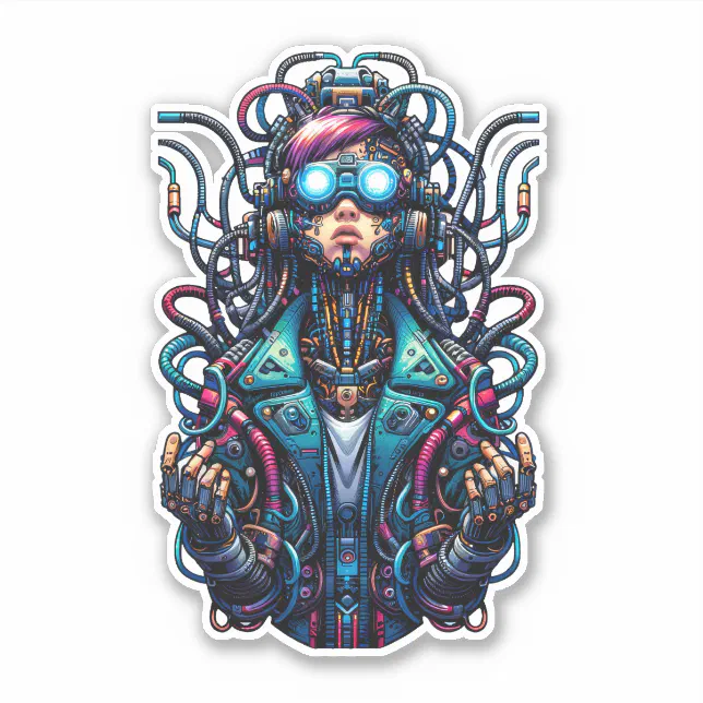 Futuristic Cyberpunk Techno Girl Sticker | Zazzle