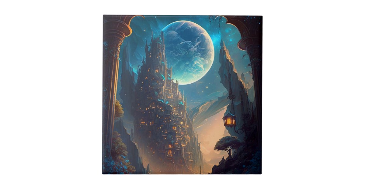 Futuristic Fantasy Castle Landscape Ceramic Tile | Zazzle