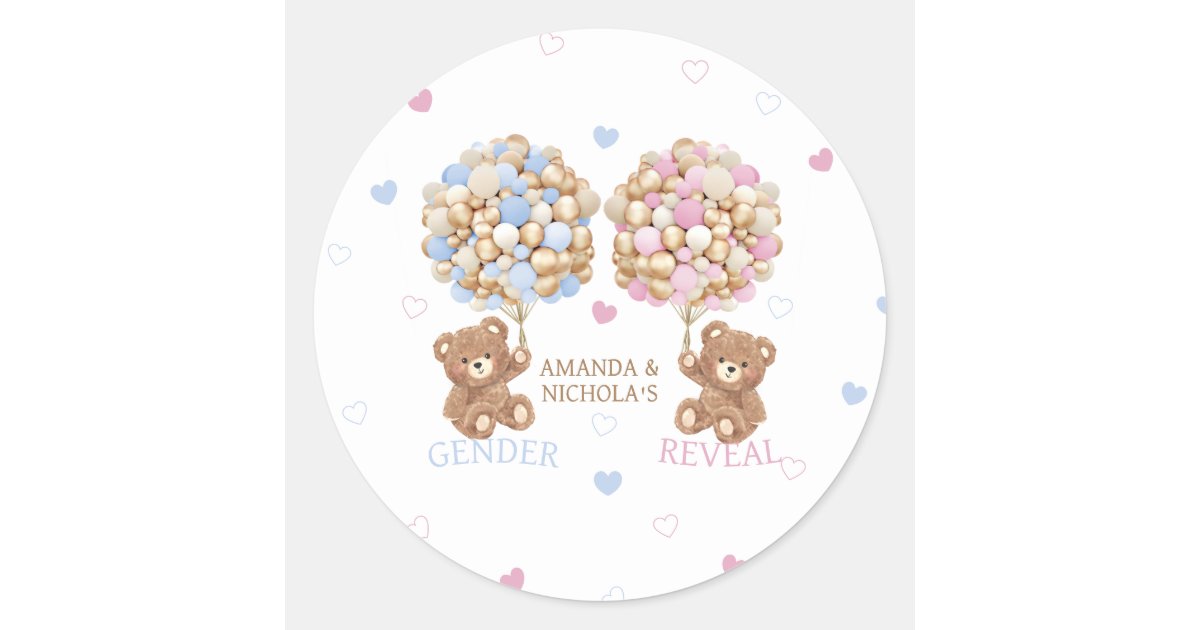 Fuzzy Bears Hearts & Balloons Gender Reveal Classic Round Sticker | Zazzle