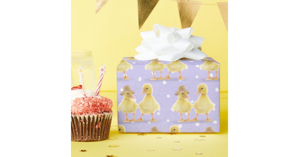 Fuzzy Duckling Couple On Polka Dots Wrapping Paper | Zazzle