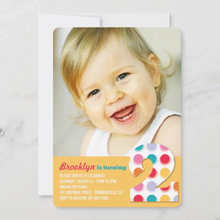 Fuzzy Modern Color Dots 2nd Birthday Party Photo Invitation | Zazzle