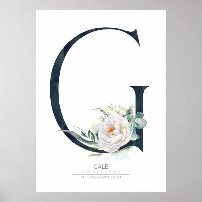 G Letter Monogram White Flowers and Greenery Poster | Zazzle