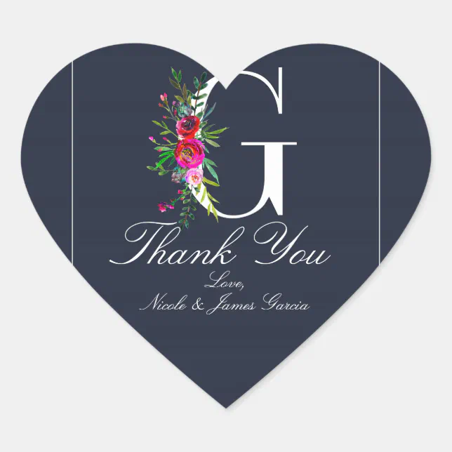 G Monogram Last Initial Modern Blue Floral Wedding Heart Sticker | Zazzle